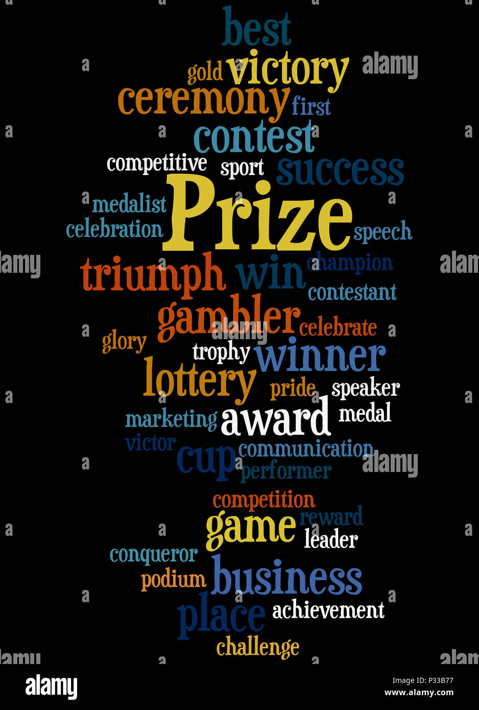 Prize, word cloud concept on black background Stock Photo - Alamy