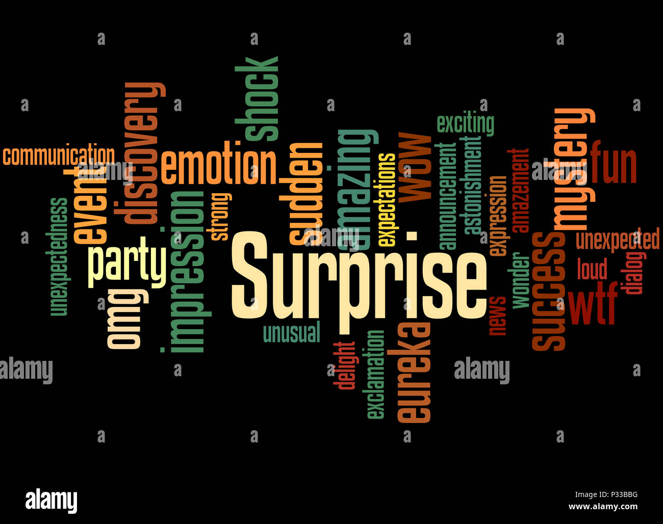 Surprise, word cloud concept on black background Stock Photo - Alamy
