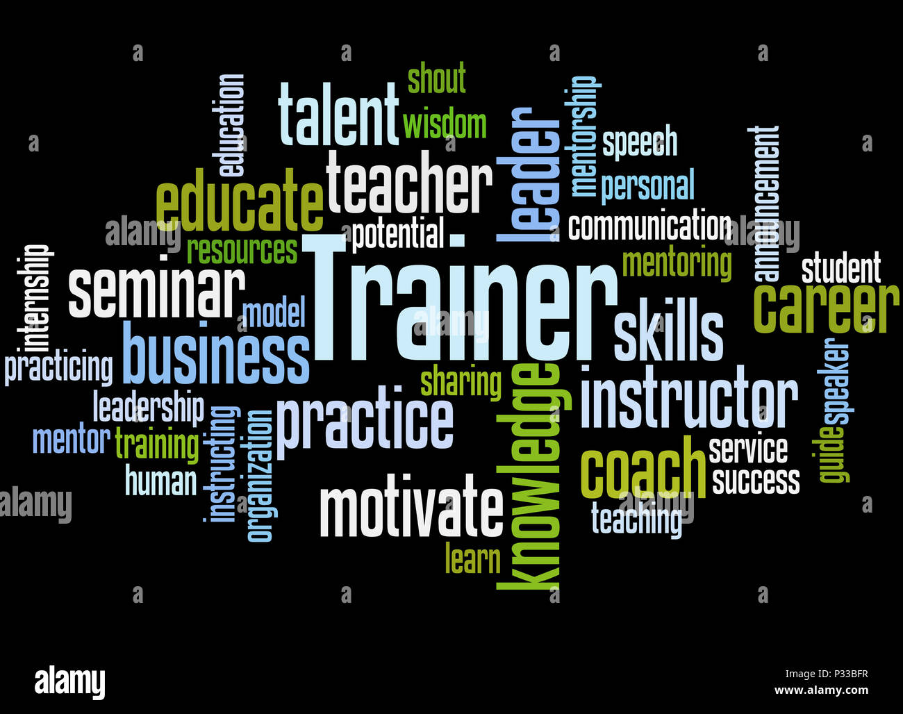 Trainer, word cloud concept on black background Stock Photo - Alamy