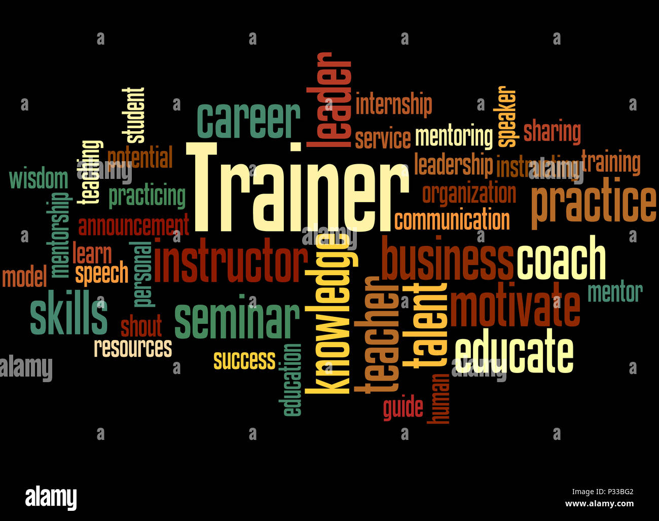 Trainer, word cloud concept on black background Stock Photo - Alamy