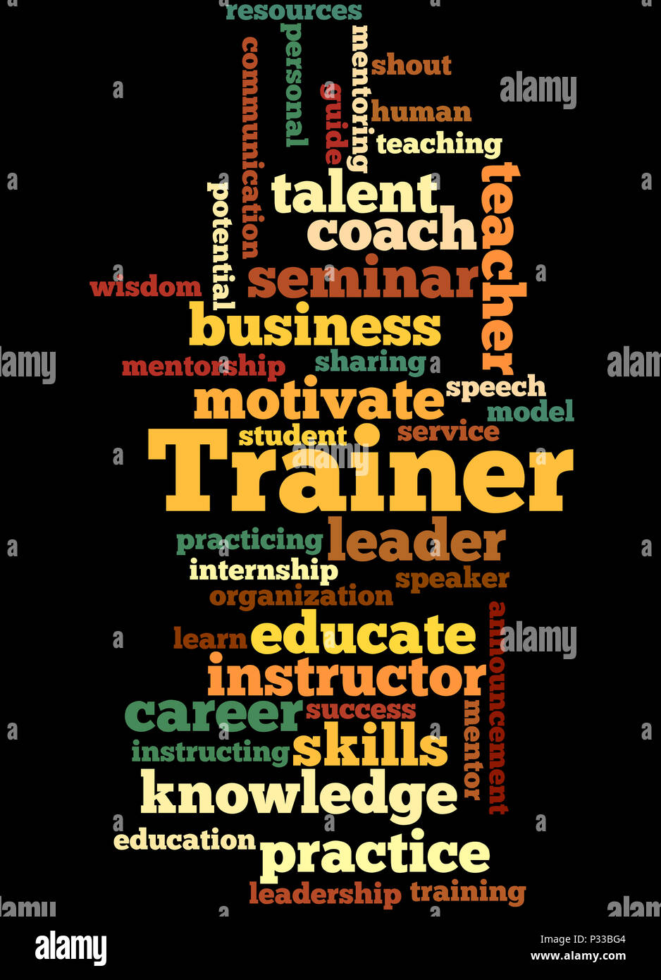 Trainer, word cloud concept on black background Stock Photo - Alamy