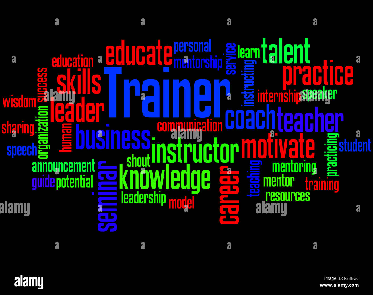 Trainer, word cloud concept on black background Stock Photo - Alamy