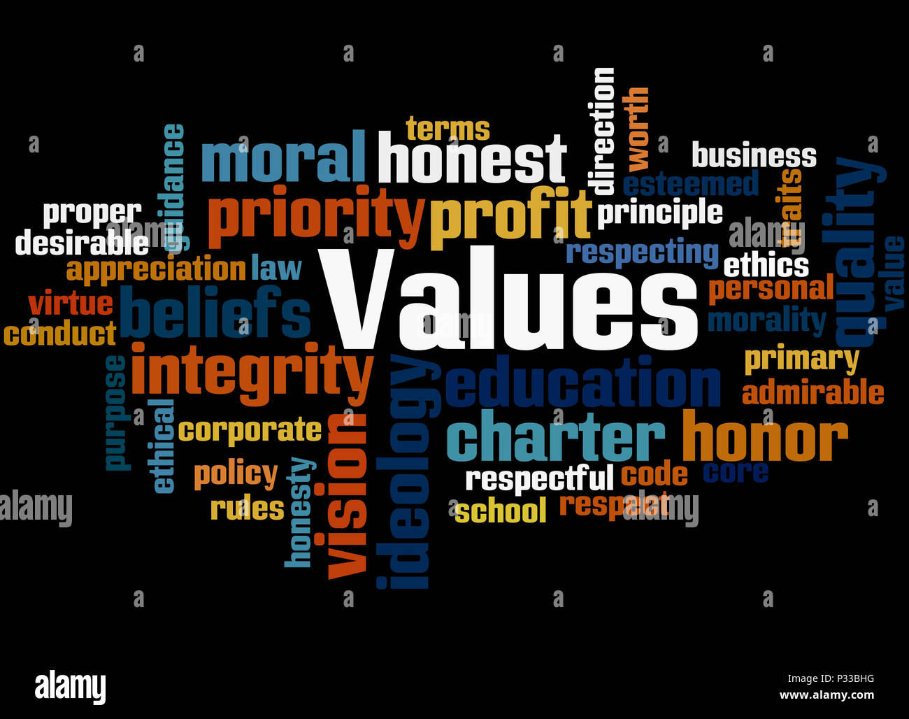 Values, word cloud concept on black background Stock Photo - Alamy