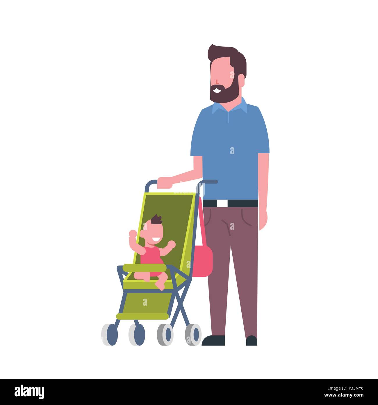 father beard with baby son in stroller full length avatar on white ...