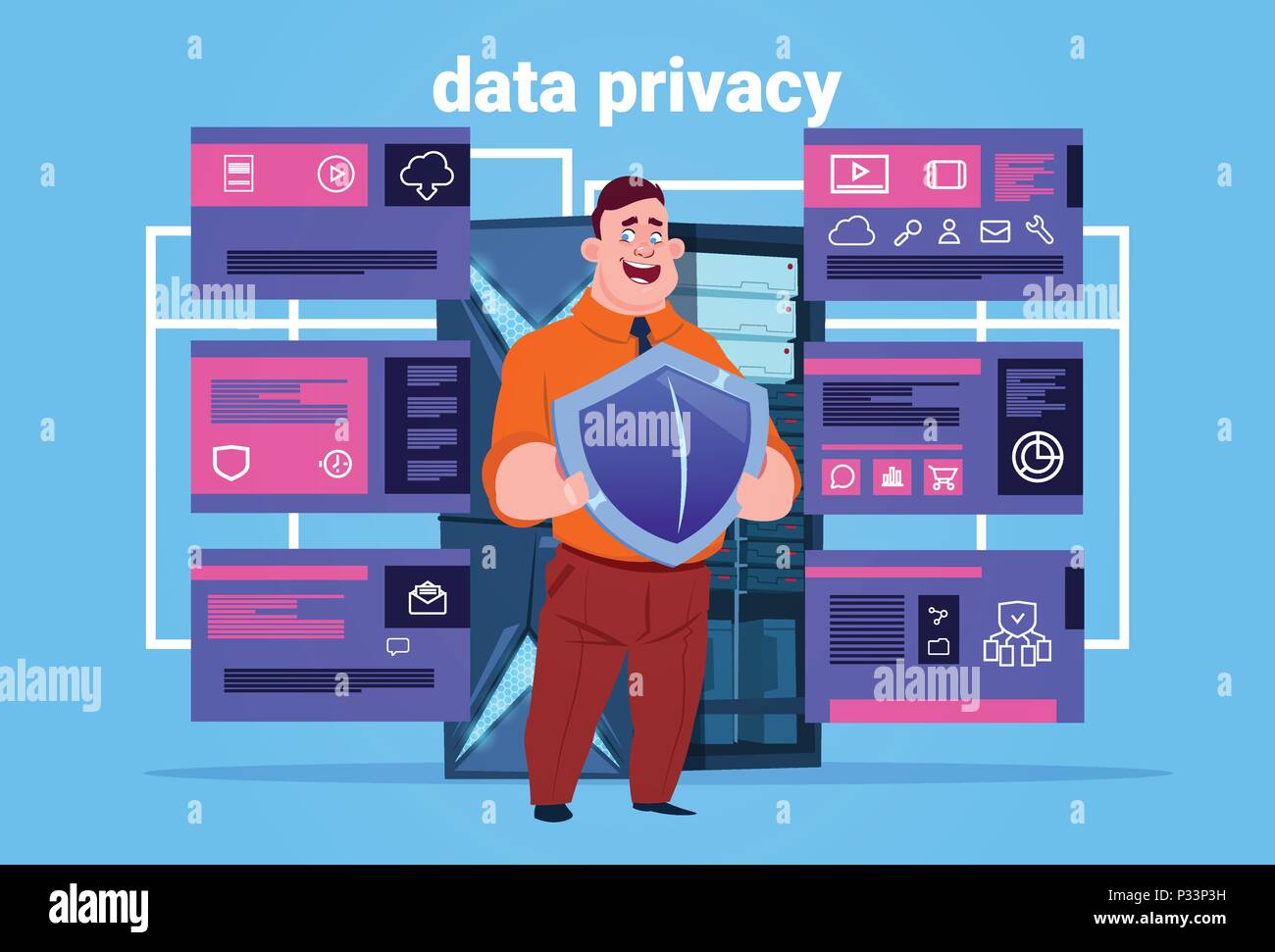 man hold shield data privacy computing center with hosting servers ...