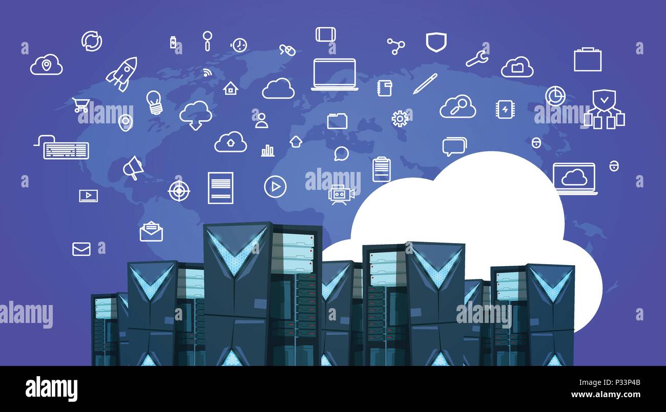 data protection cloud synchronization servers center with hosting infographic, network and ...