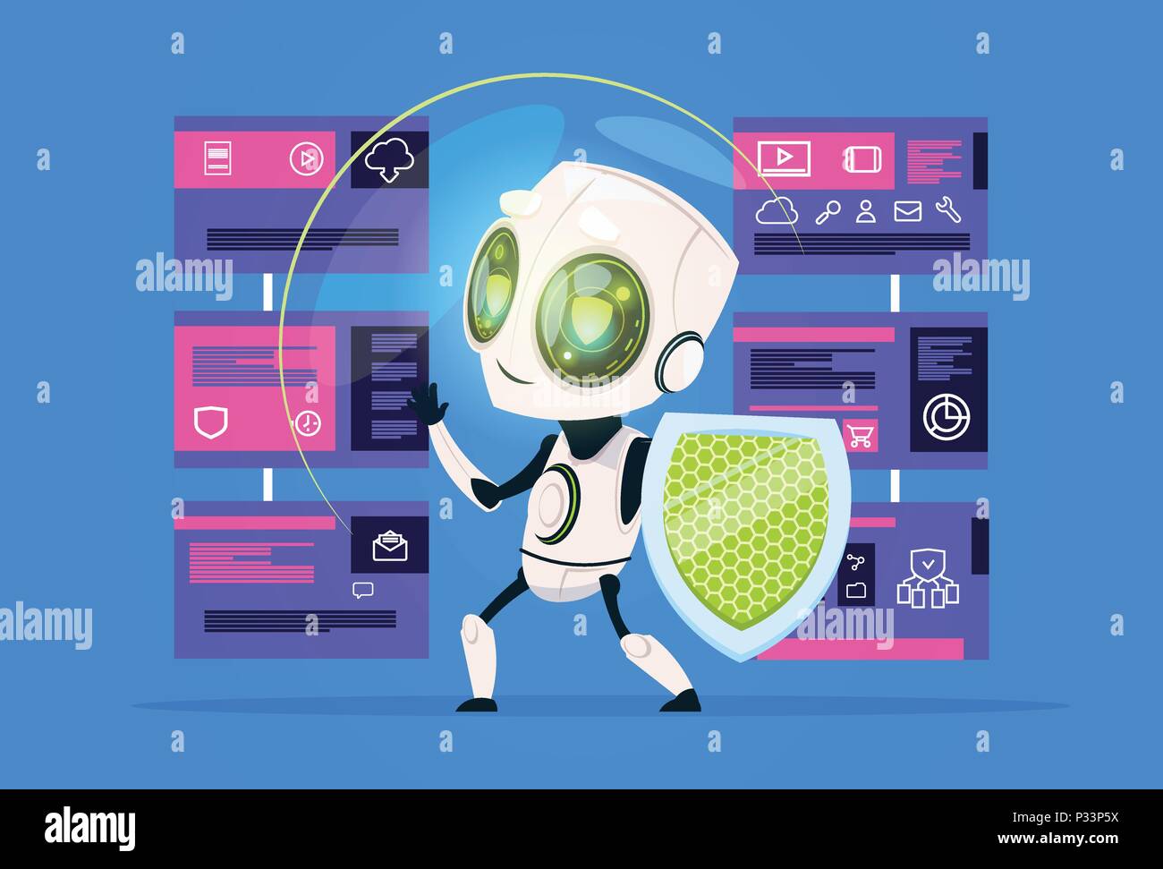 robot hold shield data privacy computing center with hosting servers infographic, network and ...