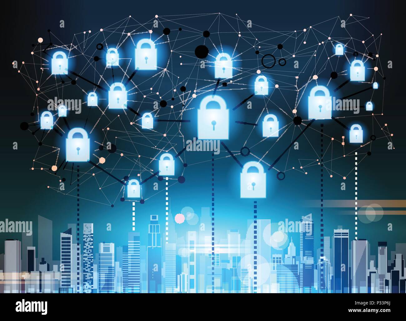 padlock over ciyscape data protection privacy concept. GDPR. Cyber ...