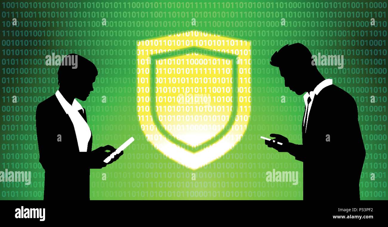 businesspeople silhouettes working virtual shield panel GDPR data ...