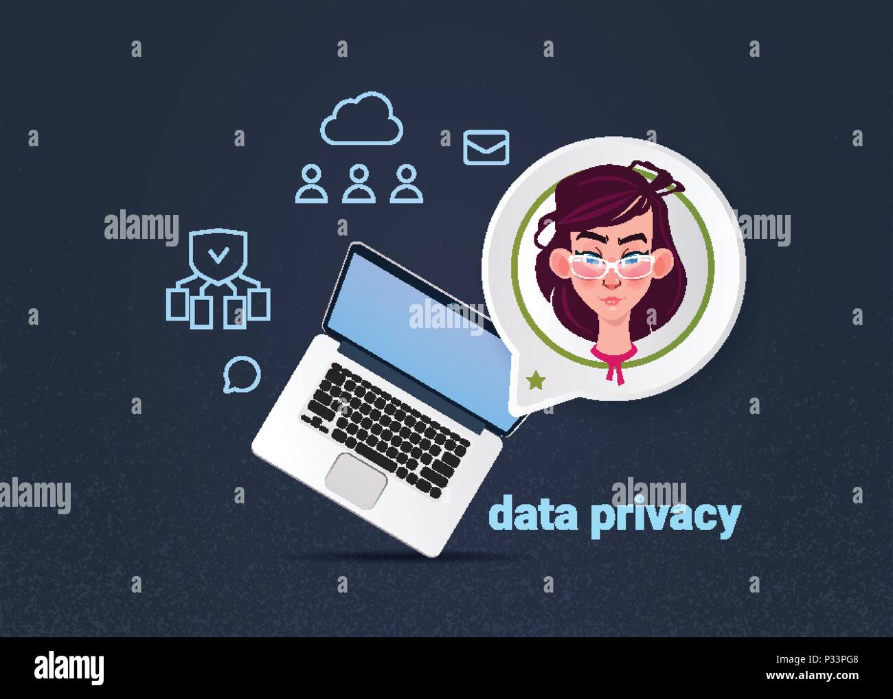 laptop chat woman bubbles, data privacy computing center with ...