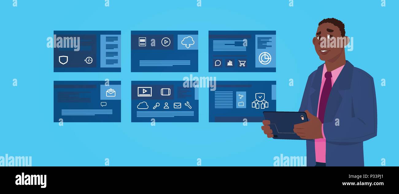 data protection support african man engineer computing center with hosting servers infographic ...