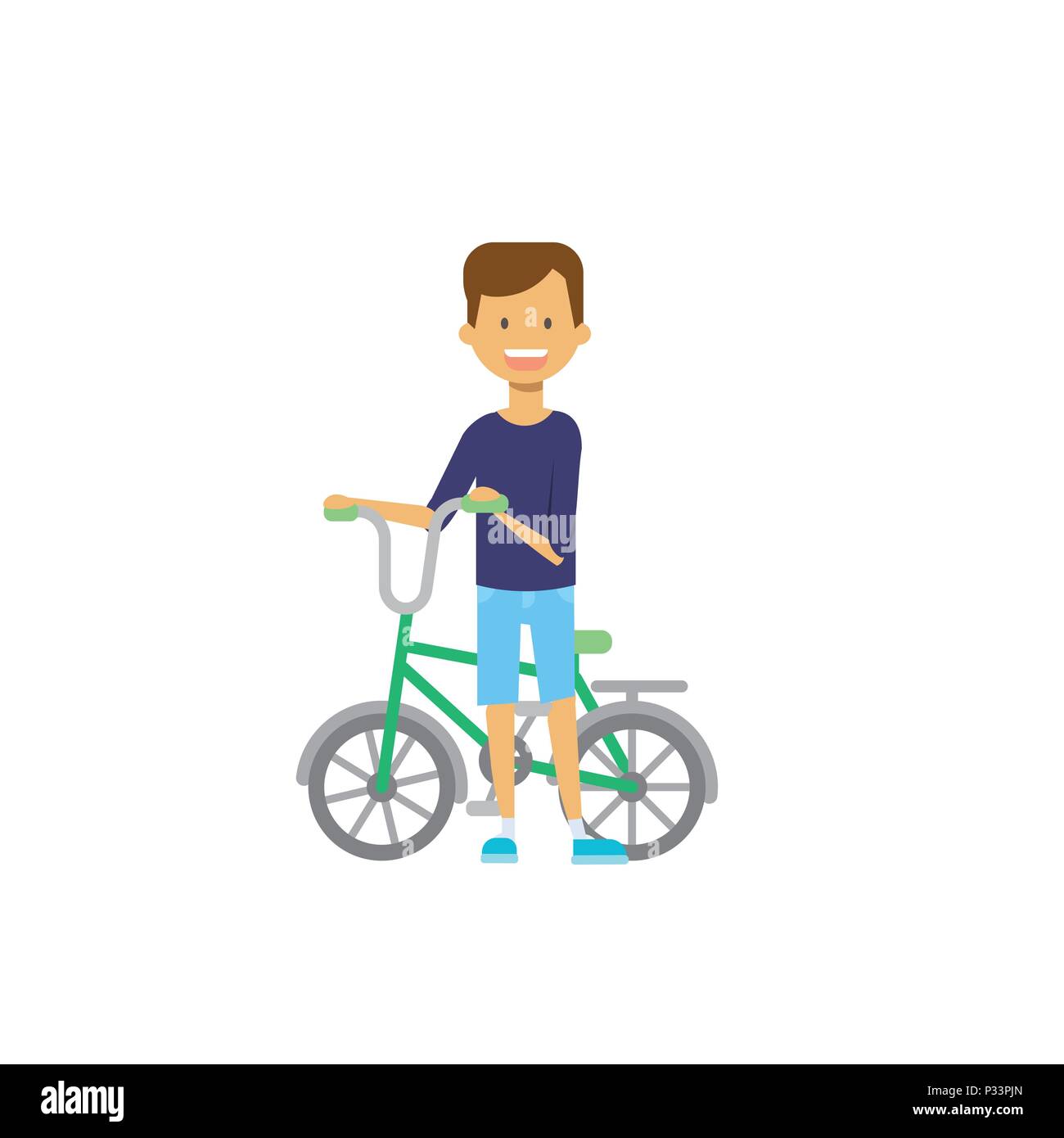 young boy hold bicycle on white background. cartoon character. full ...