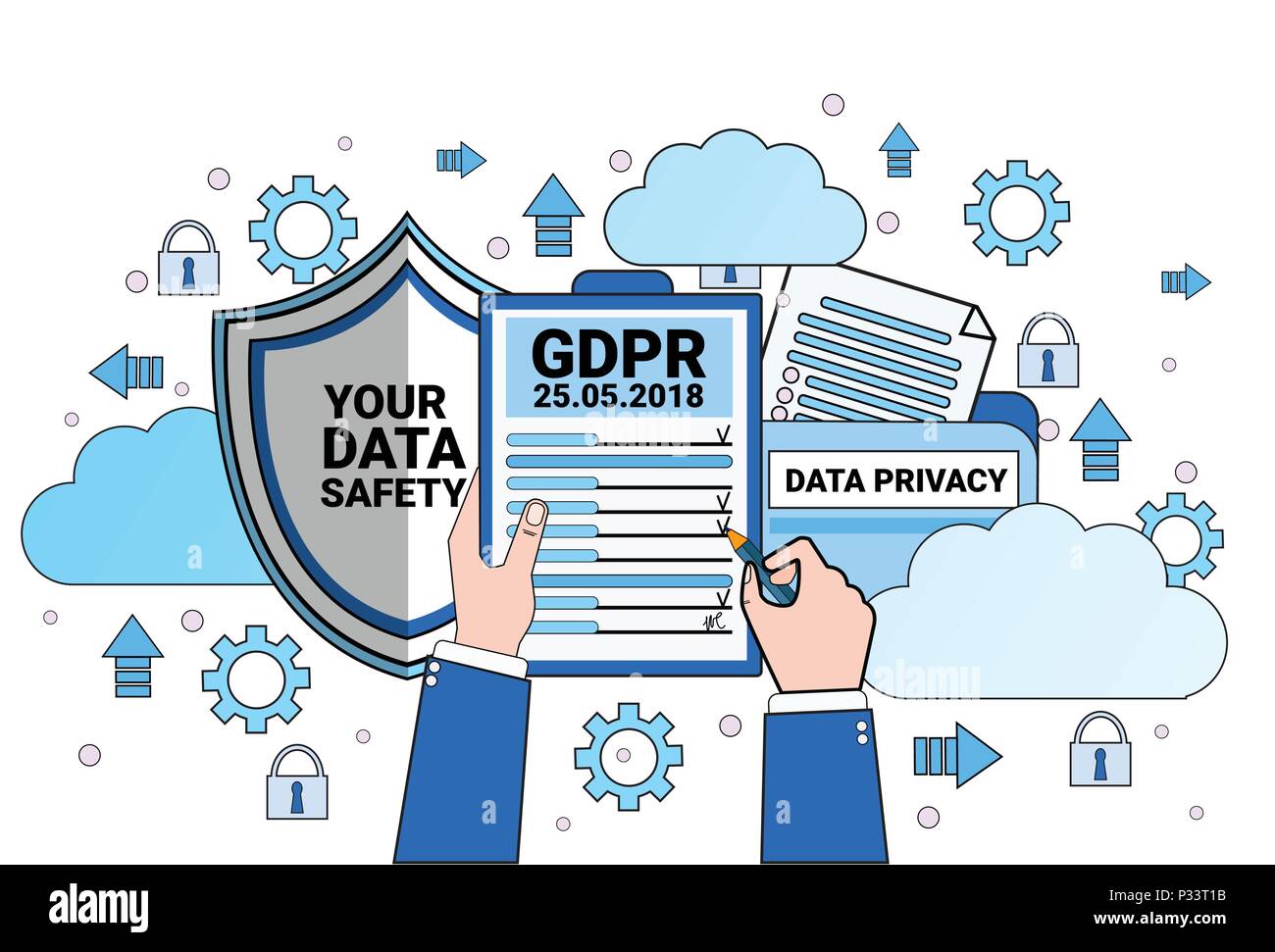 data safety cloud shield hands hold checklist over synchronization ...