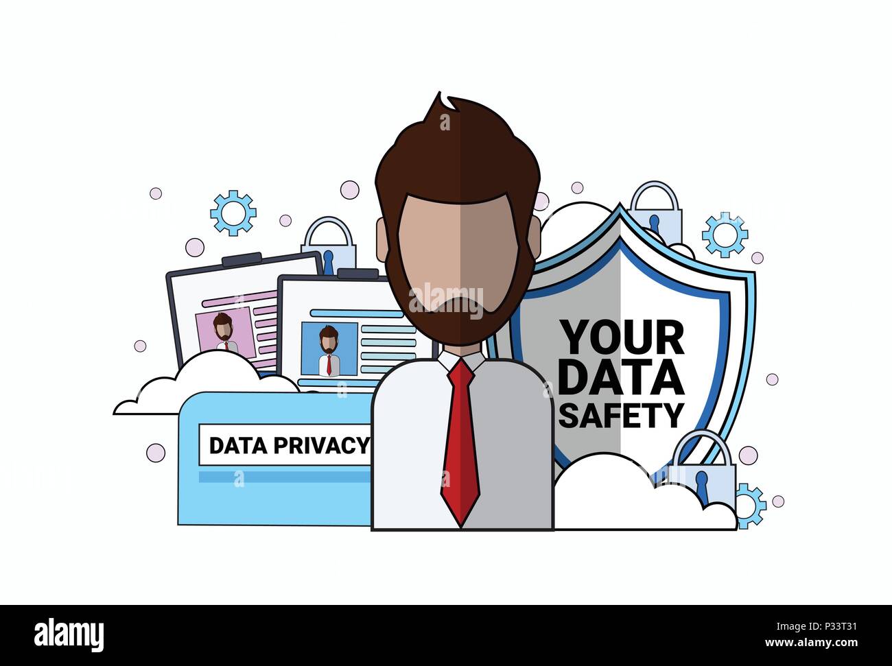 data safety shield support agent man portrait over synchronization ...