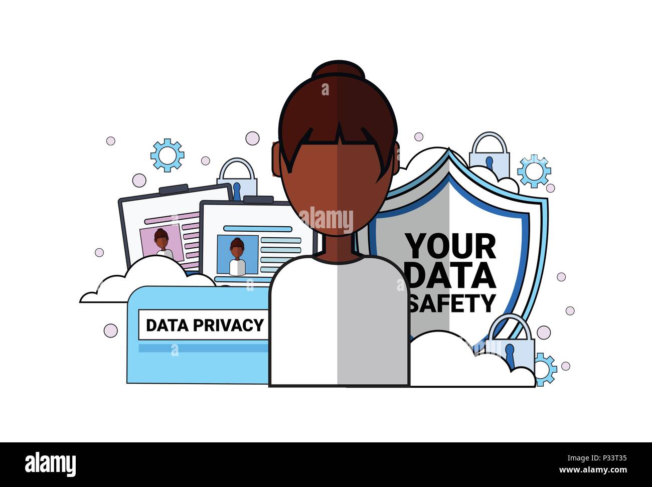 data safety shield support agent african woman portrait over ...