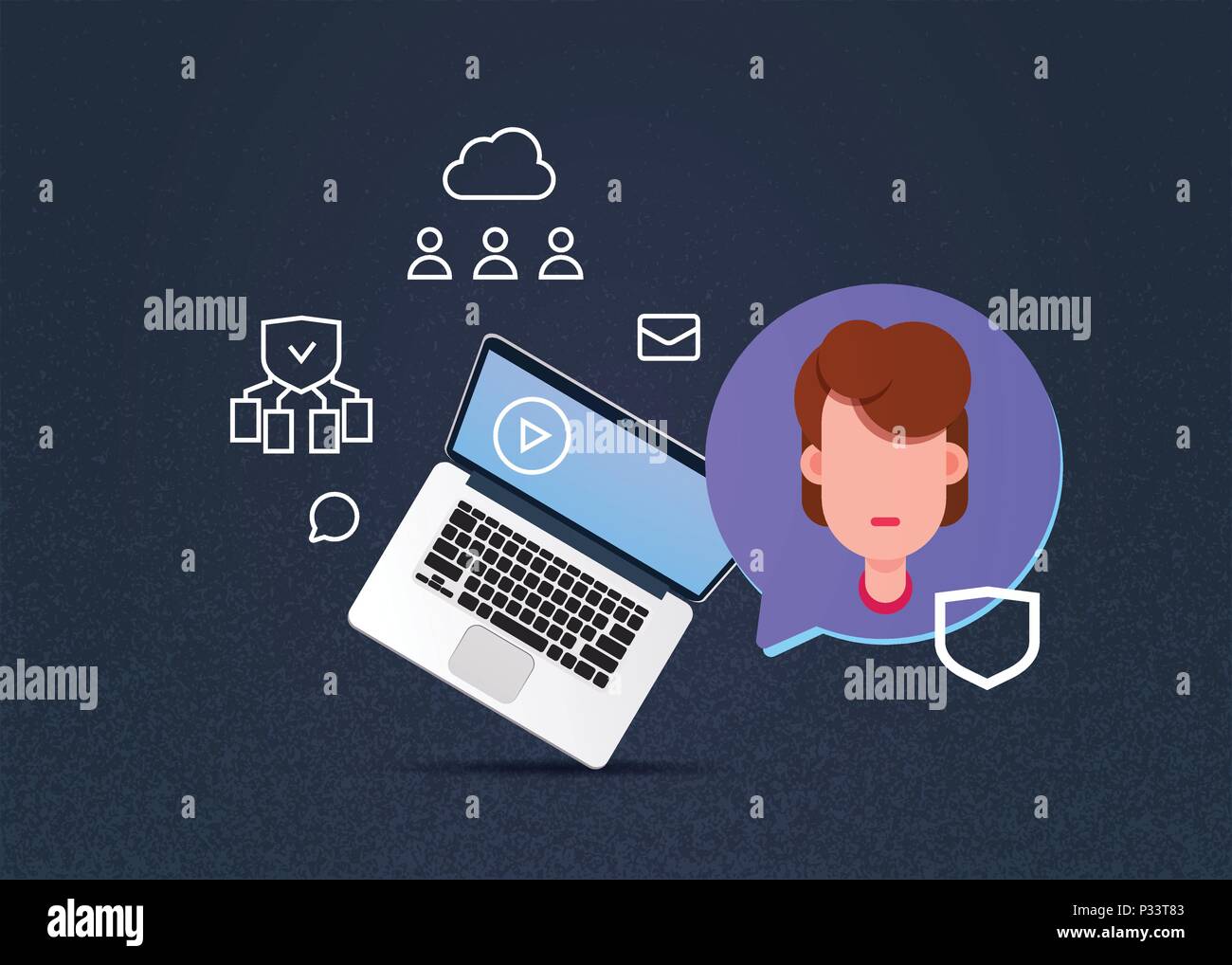 Laptop Chat Woman Bubbles Data Privacy Computing Center With Infographic Network And Database