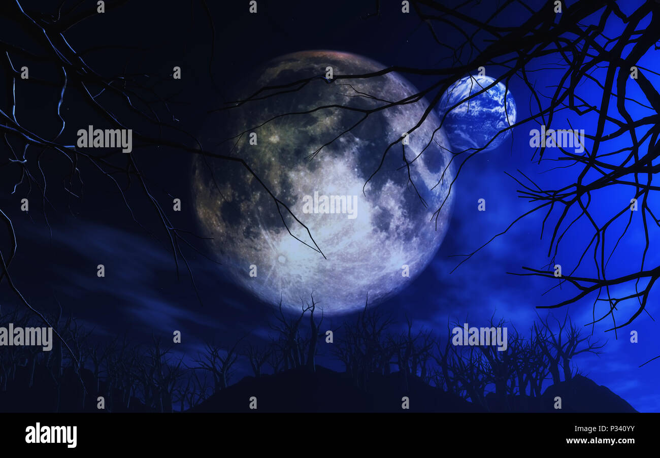 3D render of the Moon and Earth in spooky Halloween landscape Stock ...