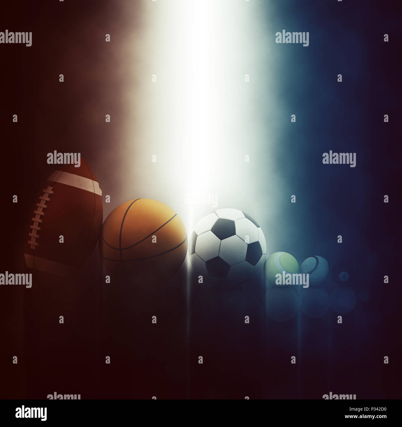 3D render of various sports balls on dramatic background Stock Photo ...