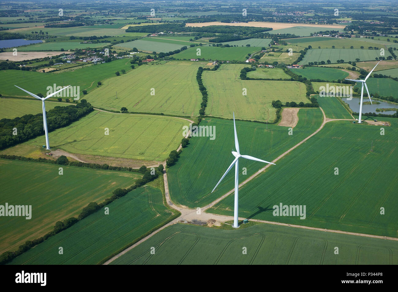 Aerial view of wind turbines on farmland near Clacton on Sea Stock ...