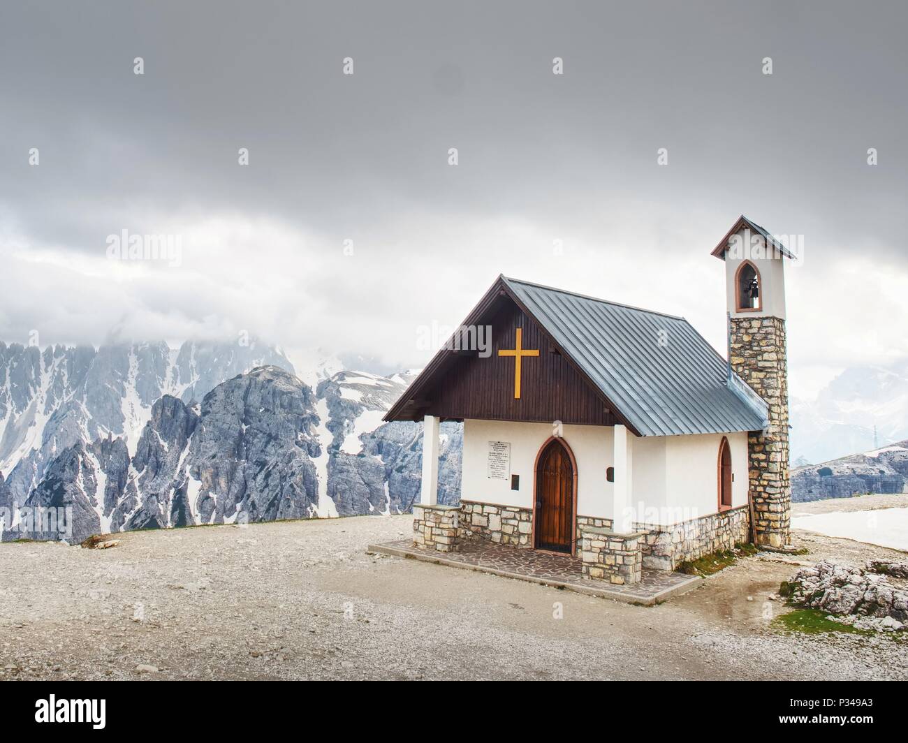 Tre Cime tour. Mountain chapel near Tre Cime di Lavaredo in Dolomites ...