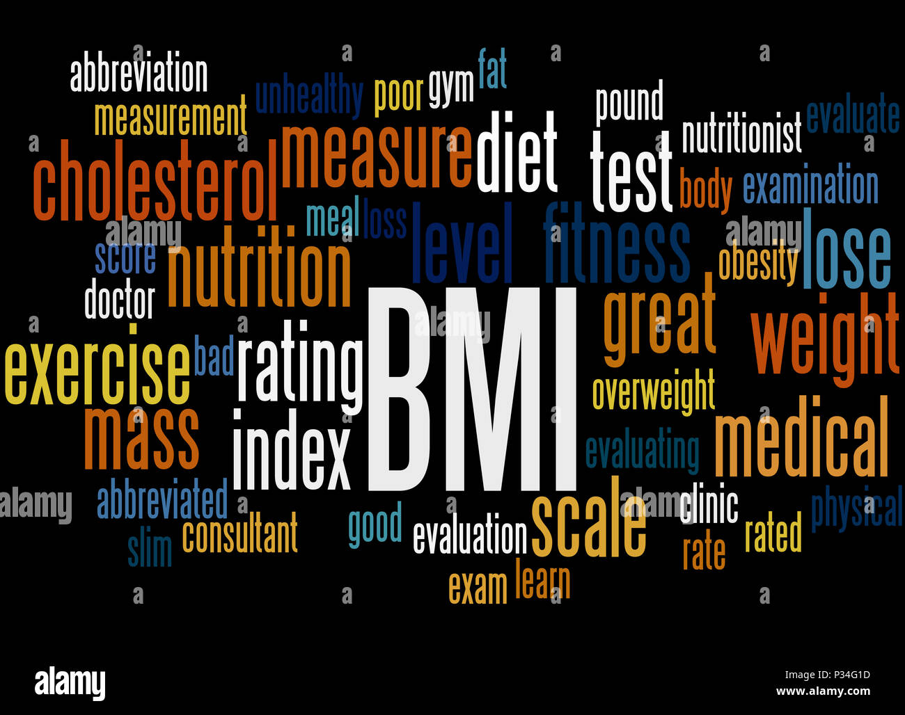 BMI, word cloud concept on black background Stock Photo - Alamy