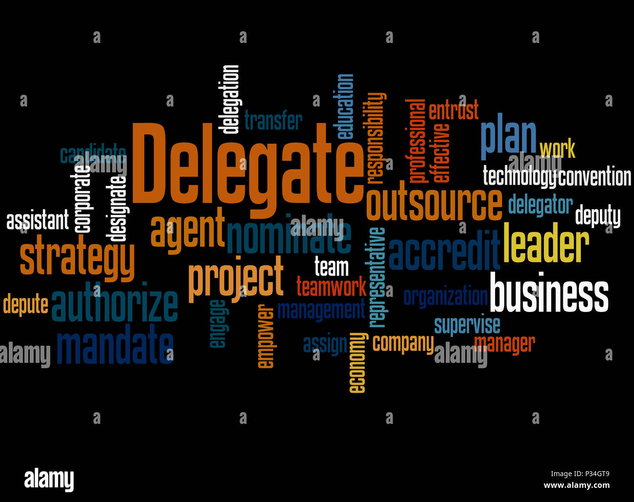 Delegate, word cloud concept on black background Stock Photo - Alamy