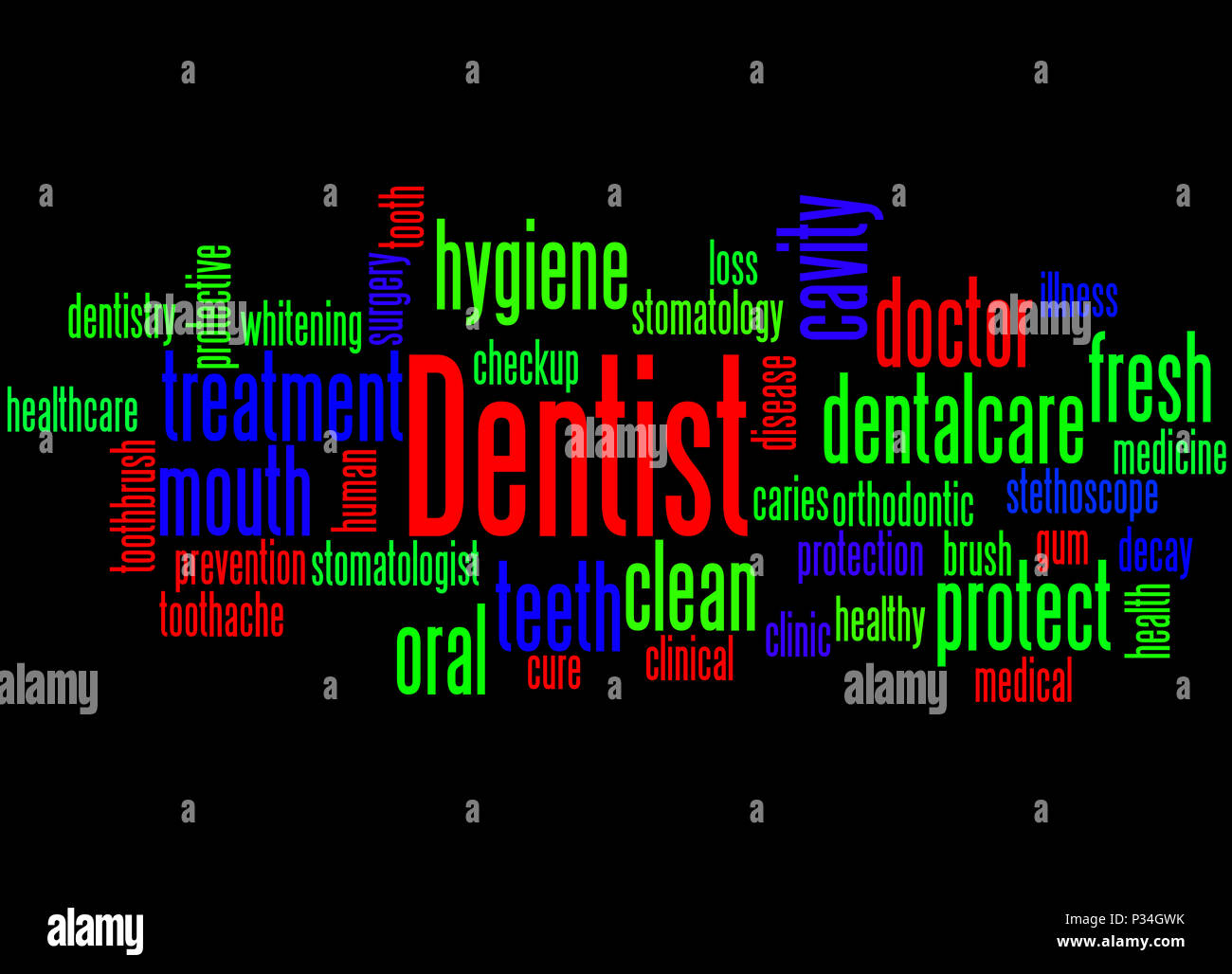 Dentist, word cloud concept on black background Stock Photo - Alamy