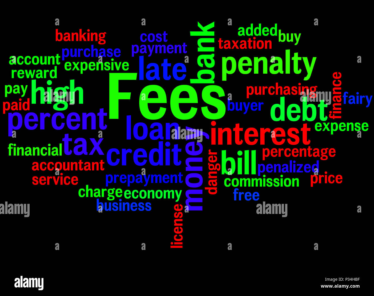 Fees, word cloud concept on black background Stock Photo - Alamy