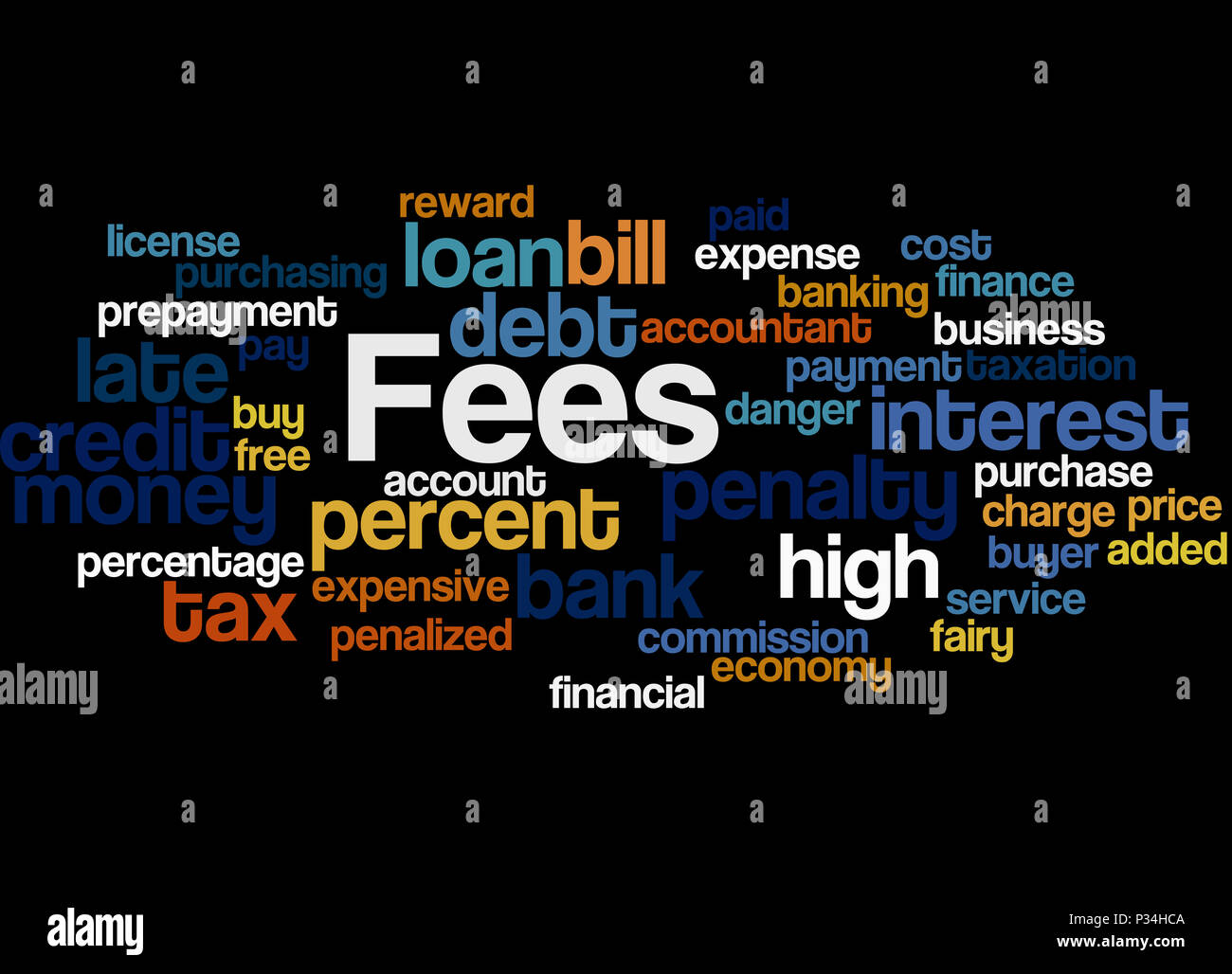 Fees, word cloud concept on black background Stock Photo - Alamy