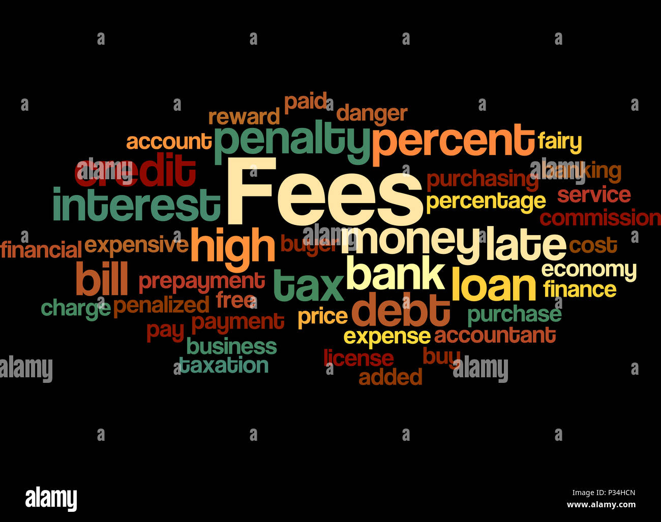 Fees, word cloud concept on black background Stock Photo - Alamy