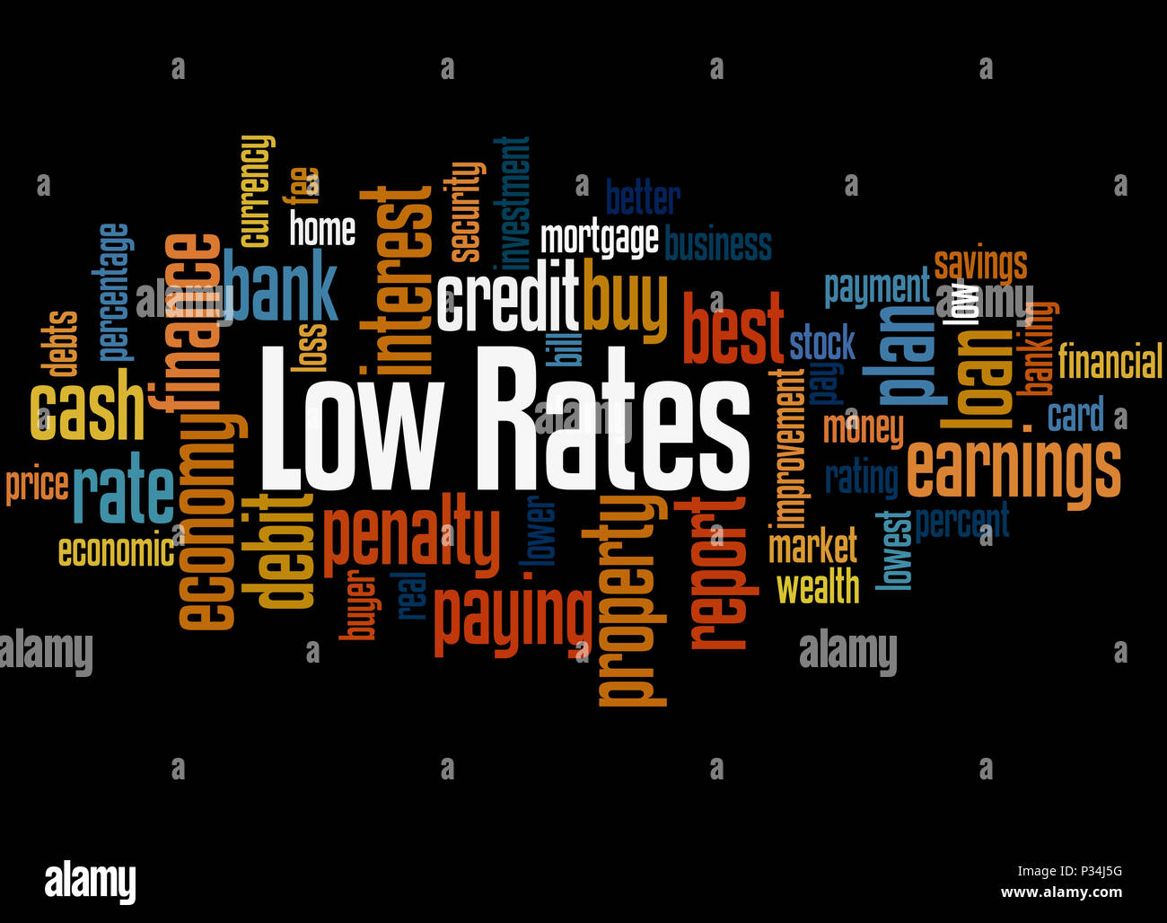 Low Rates, word cloud concept on black background Stock Photo - Alamy