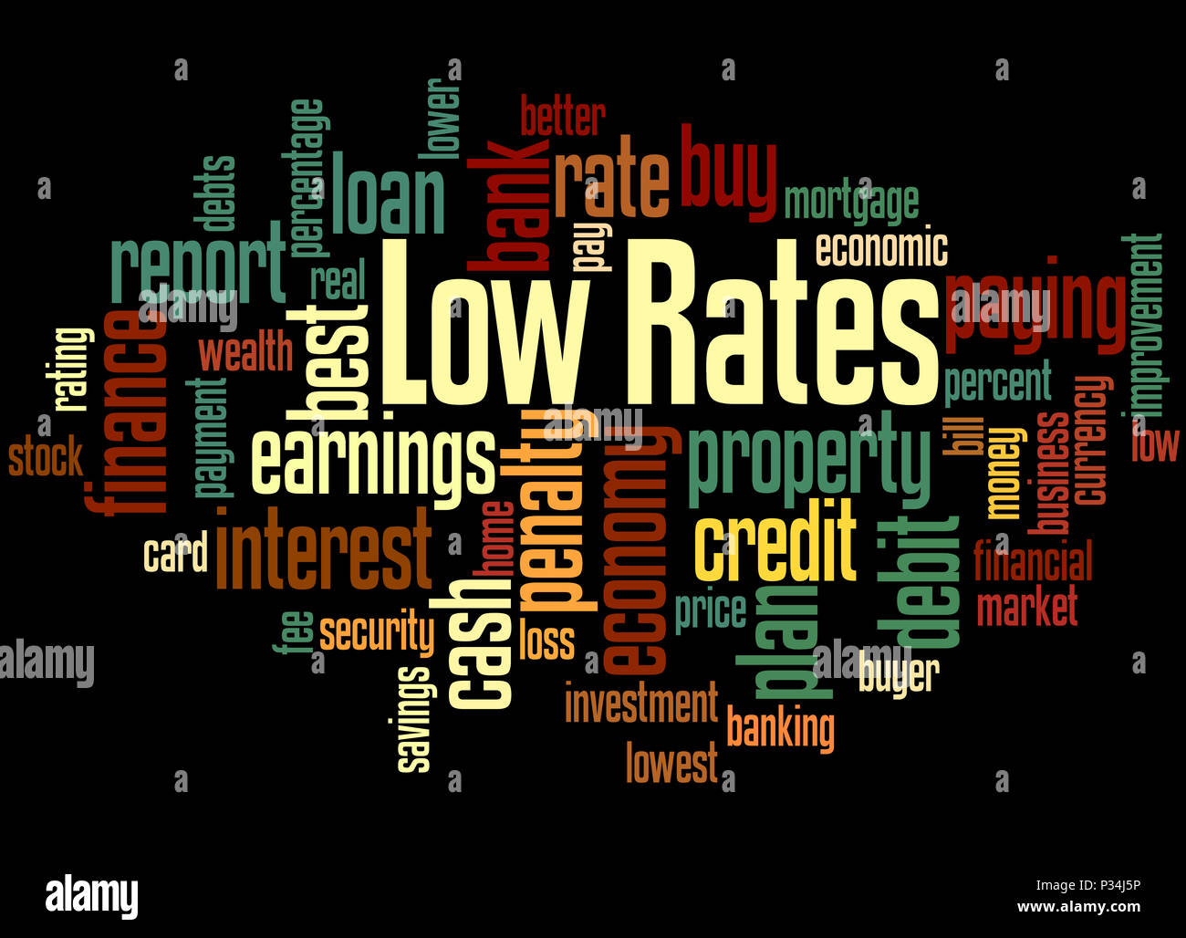 Low Rates, word cloud concept on black background Stock Photo - Alamy