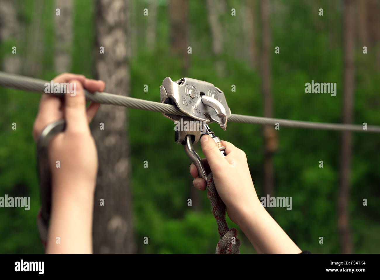 Zip line activity. Hands holding carabiner on zip line in forest Stock ...
