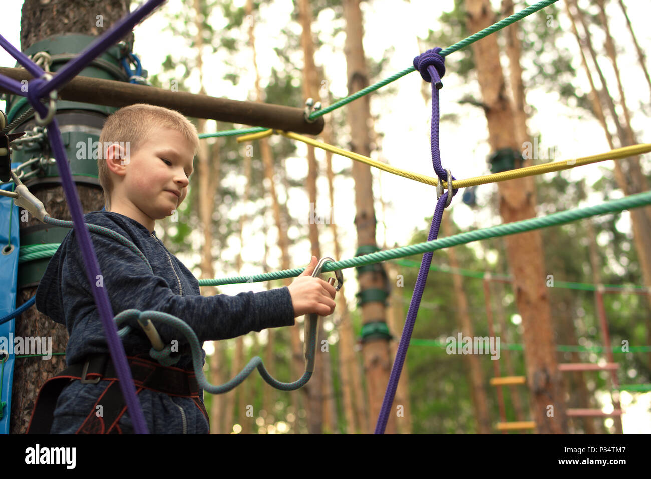 Zip line activity. Happy little boy enjoying climbing at adventure park ...