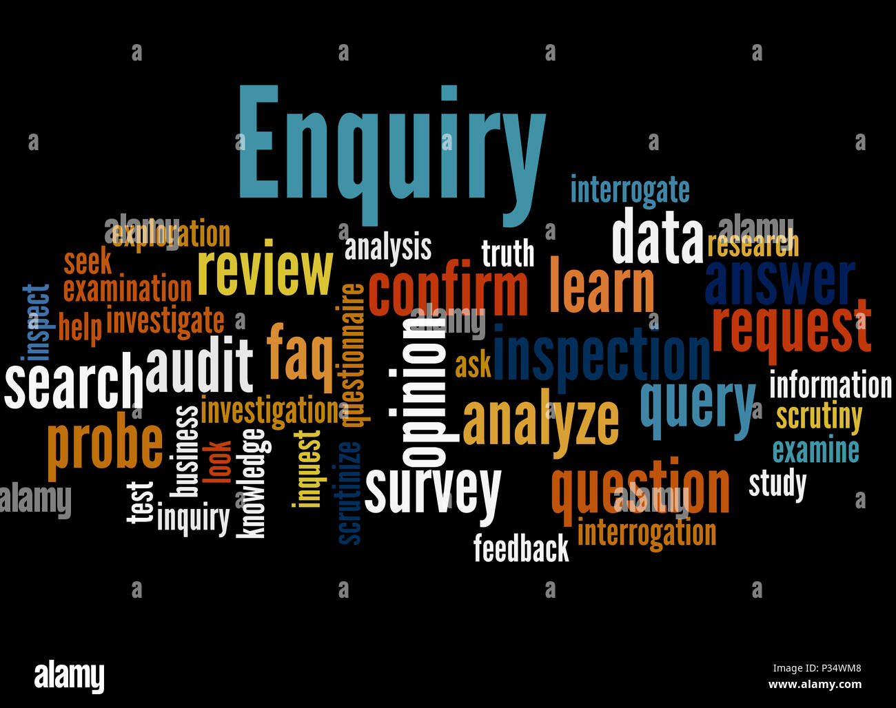 Enquiry, word cloud concept on black background Stock Photo - Alamy