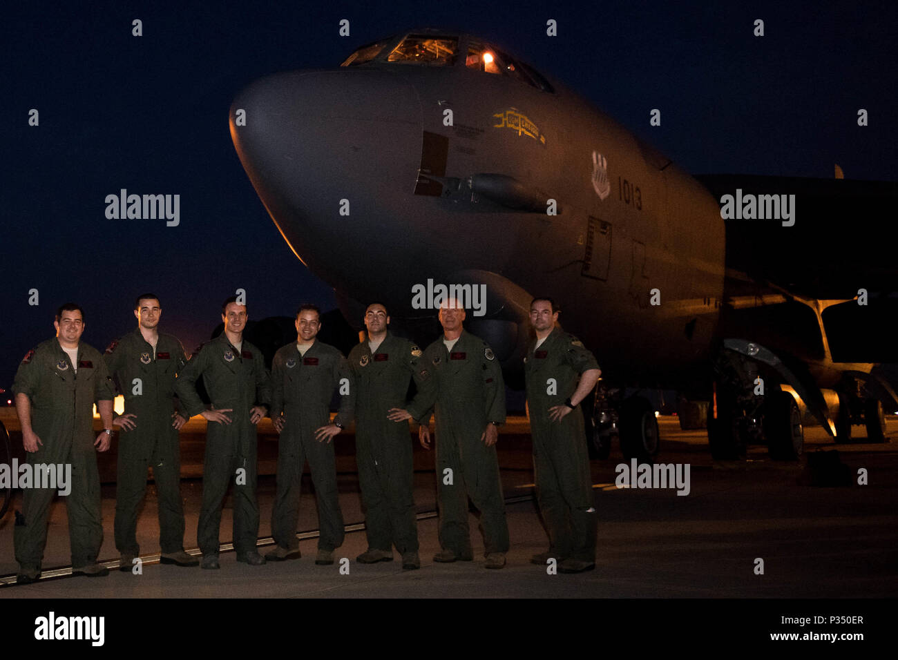 Members of the 96th Bomb Squadron pose for a photo after returning from ...