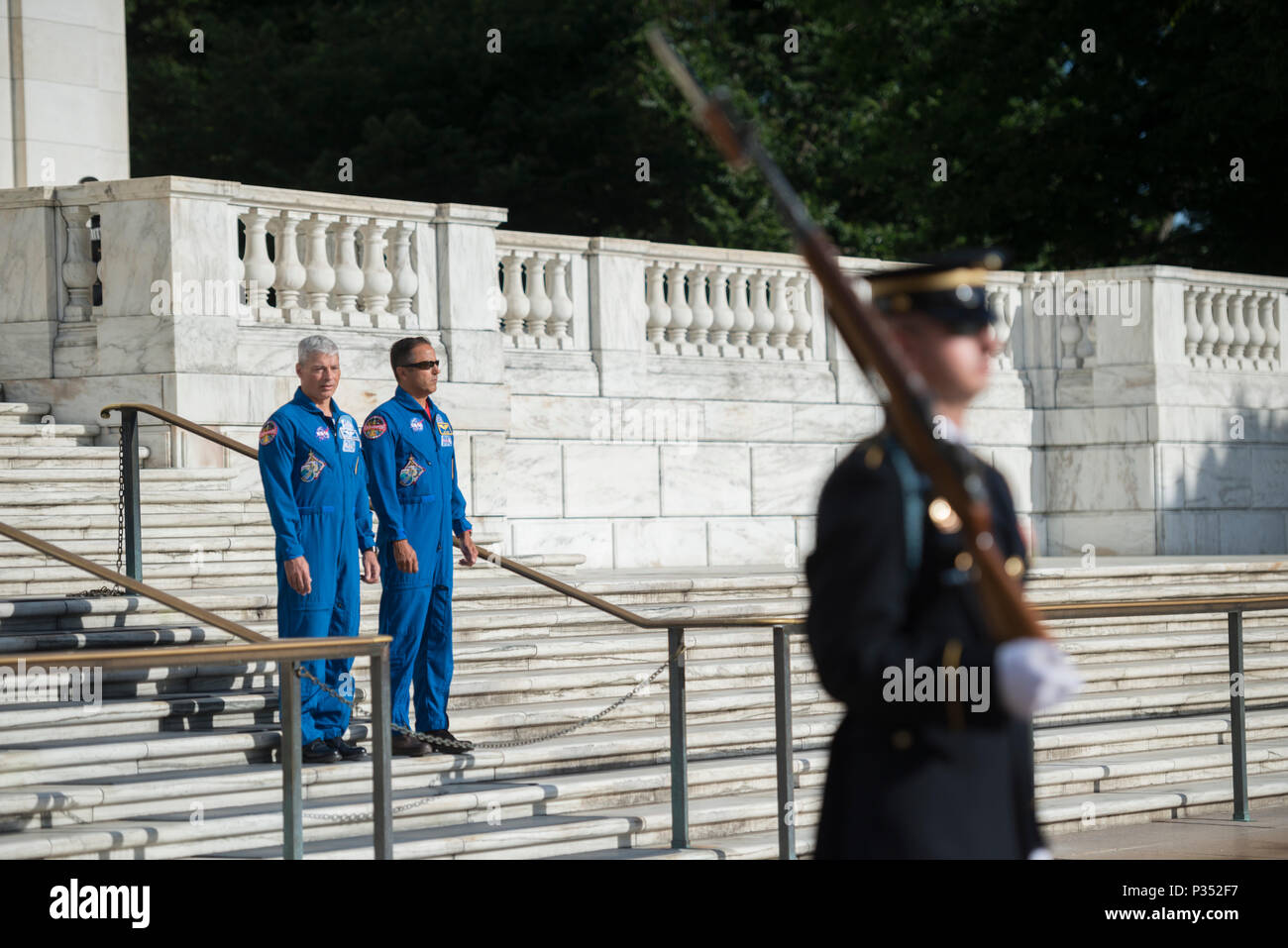 NASA astronauts Mark Vande Hei (left) and Joe Acaba (right) watch the ...