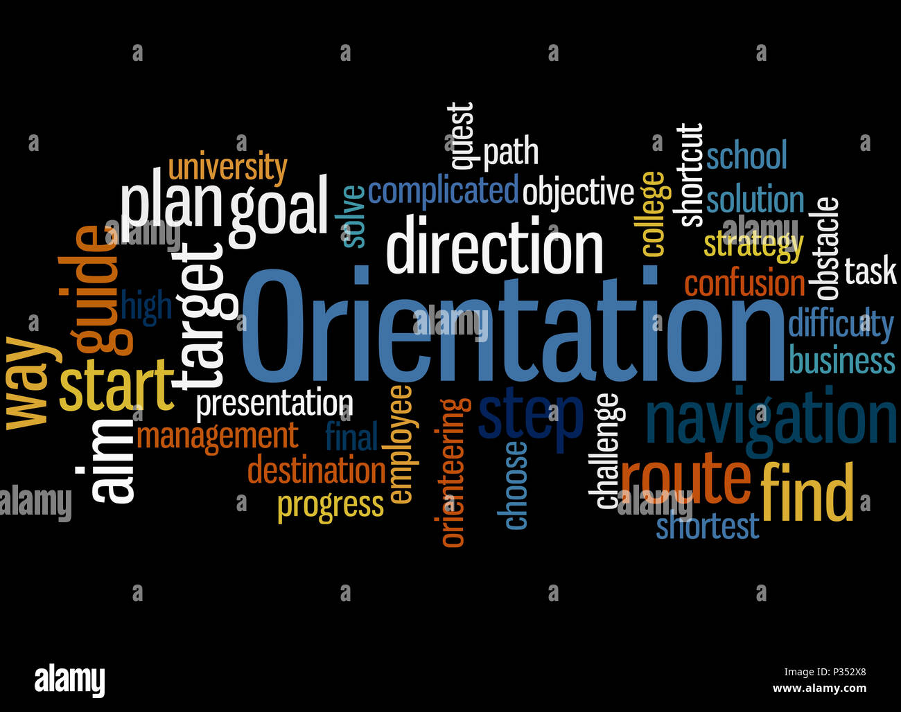 Orientation, word cloud concept on black background Stock Photo - Alamy