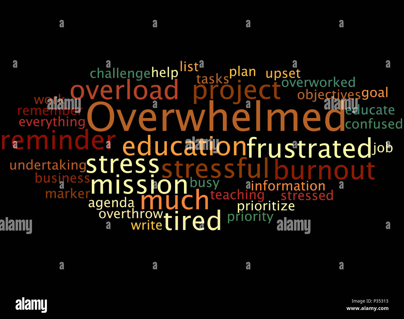 Overwhelmed, word cloud concept on black background Stock Photo - Alamy