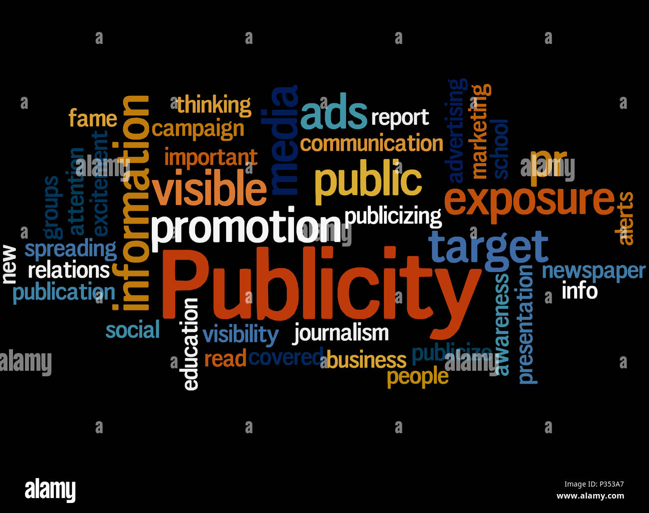 Publicity, word cloud concept on black background Stock Photo - Alamy
