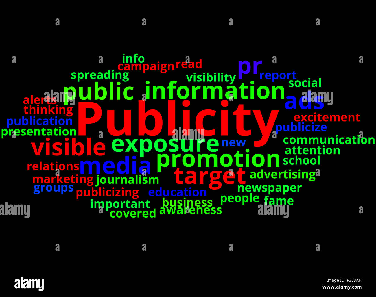 Publicity, word cloud concept on black background Stock Photo - Alamy