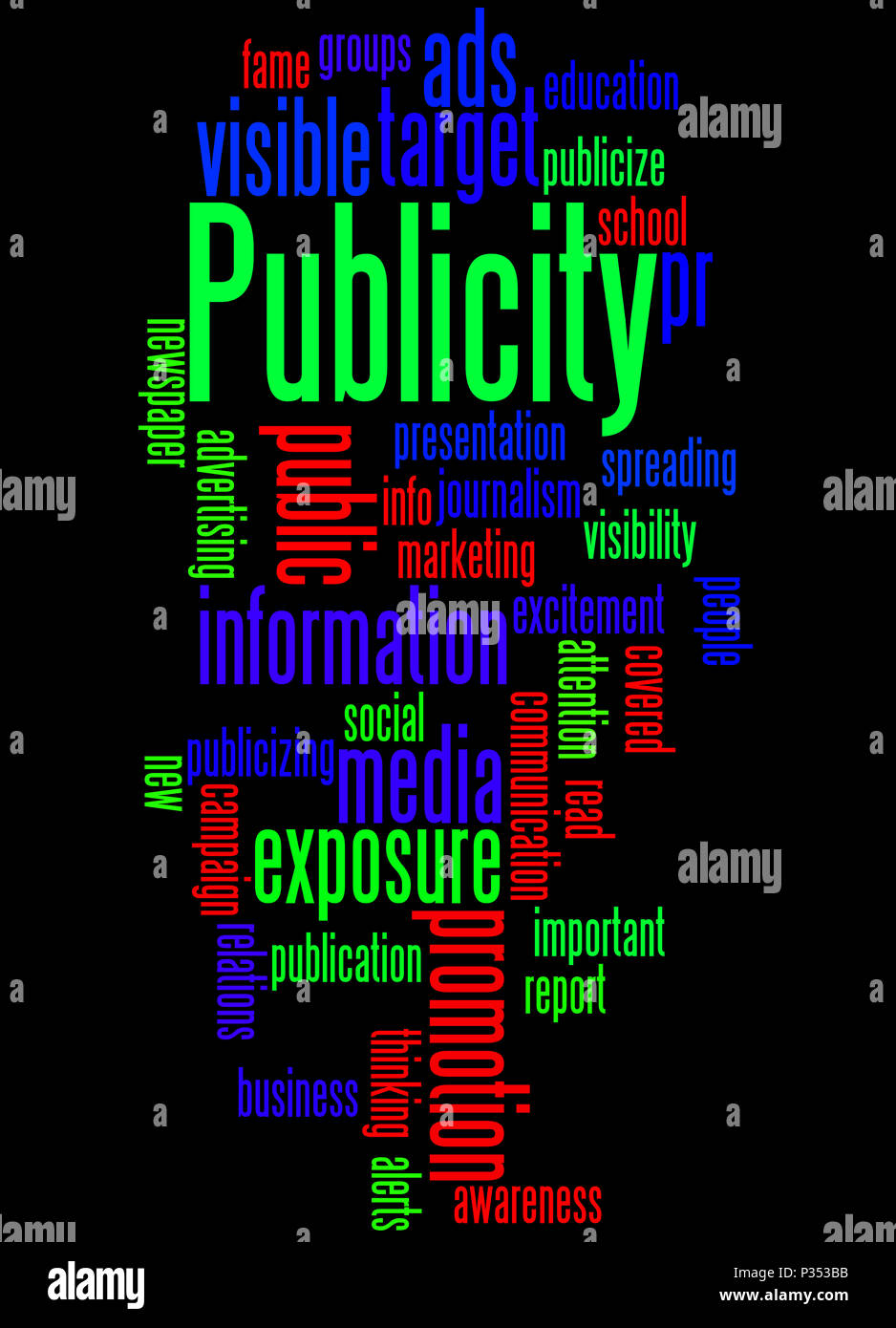 Publicity, word cloud concept on balck background Stock Photo - Alamy