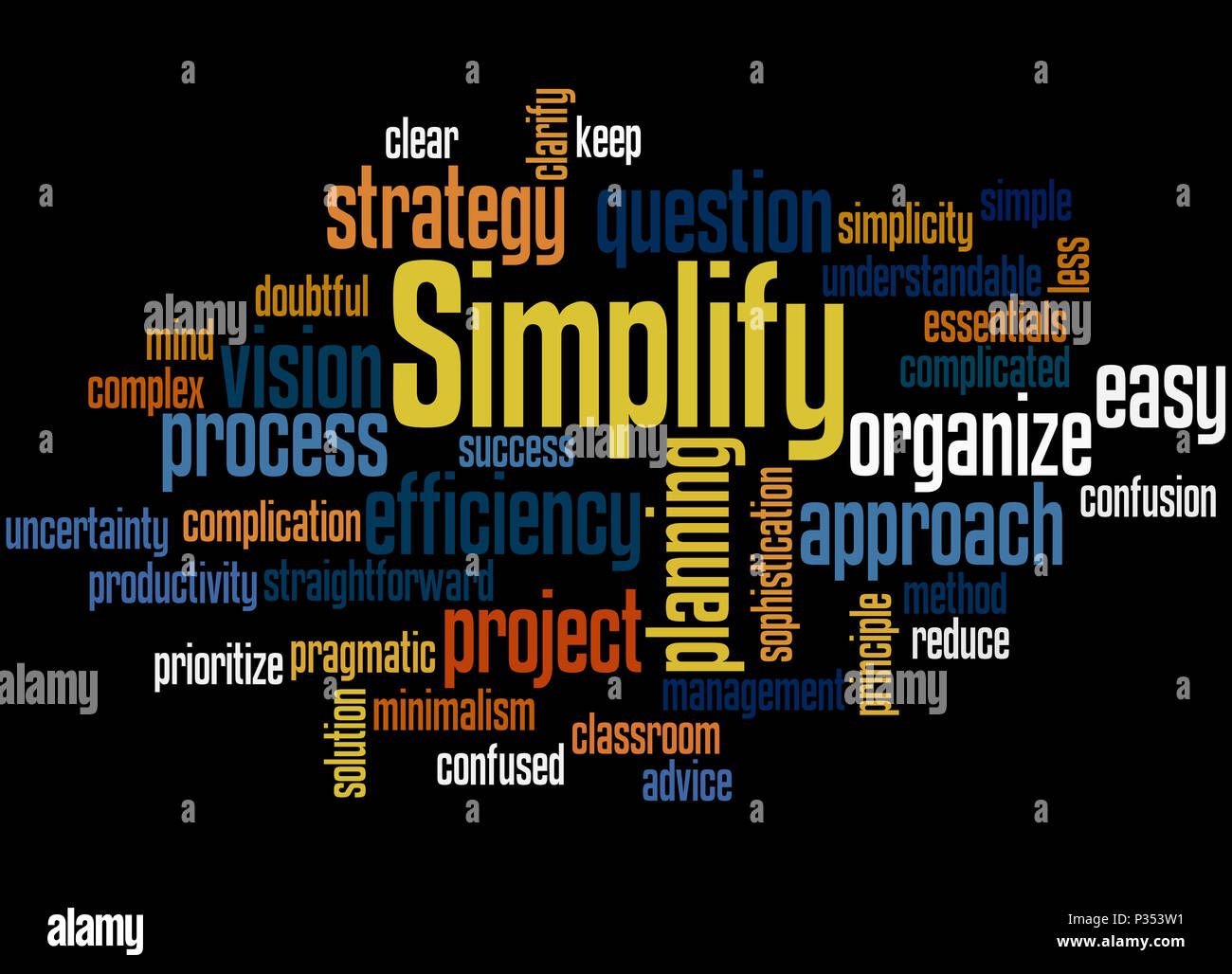 Simplify, word cloud concept on black background Stock Photo - Alamy