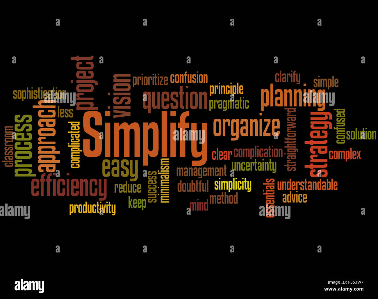 Simplify, word cloud concept on black background Stock Photo - Alamy