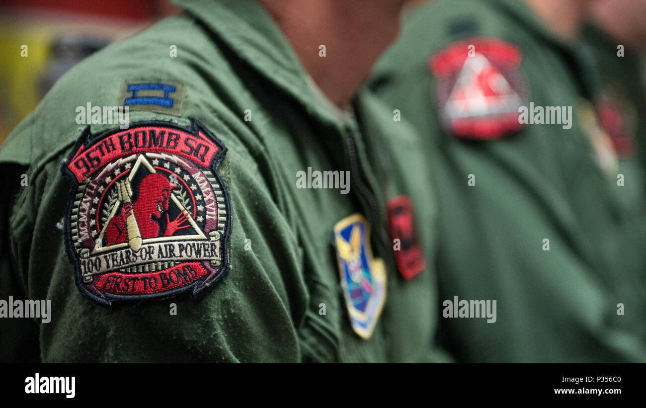 A pilot wears the 96th Bomb Squadron 100th Anniversary patch at ...