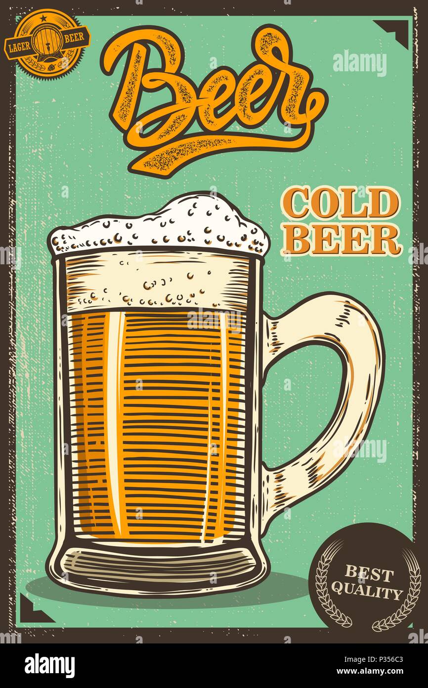 Beer poster in retro style. Beer objects on grunge background. Design ...