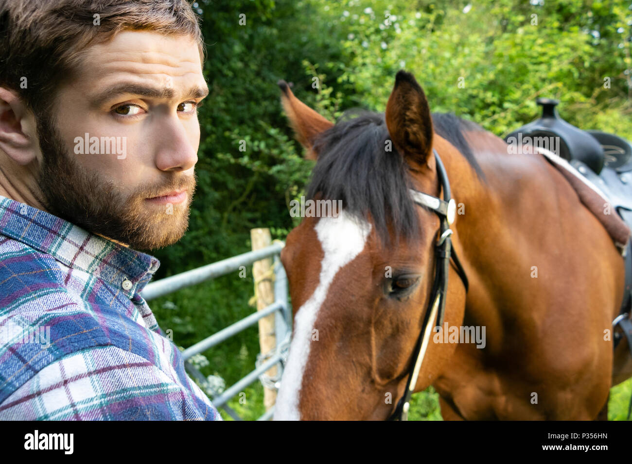 Good looking, hunky cowboy stands next to ranch gate petting and loving ...