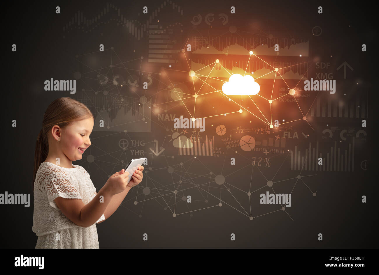 Adorable girl working on tablet with cloud technology concept Stock ...