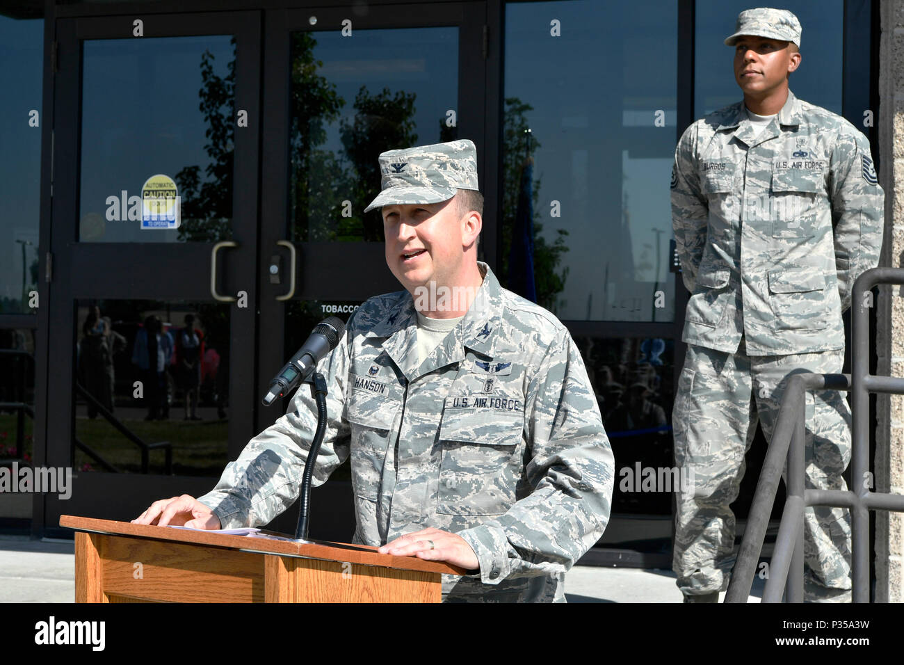 Col. Matthew Hanson, 460th Medical Group commander, speaks to the ...