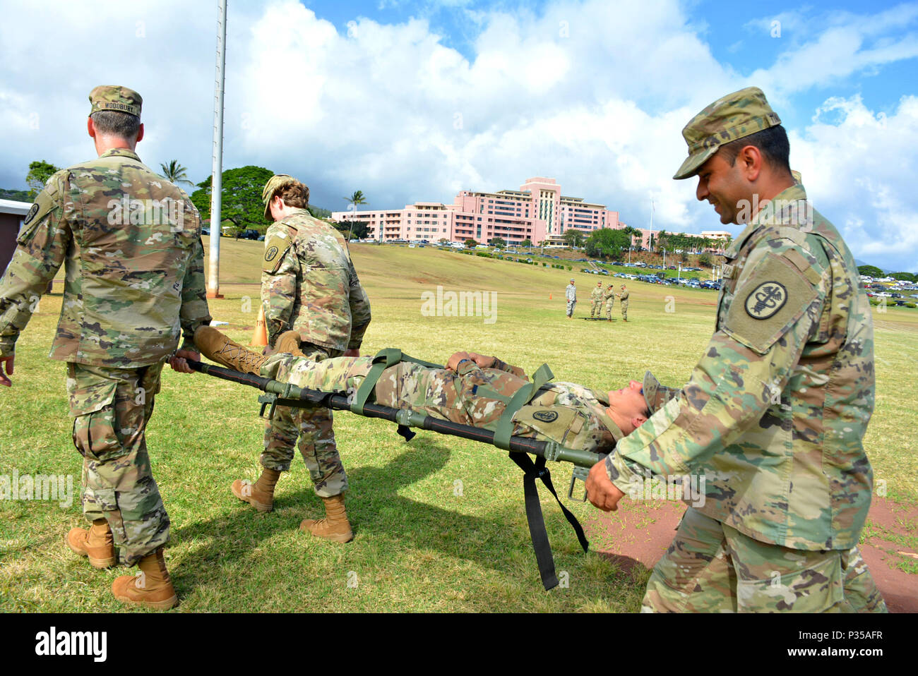 Soldiers at Tripler Army Medical Center train as a four-man litter team ...